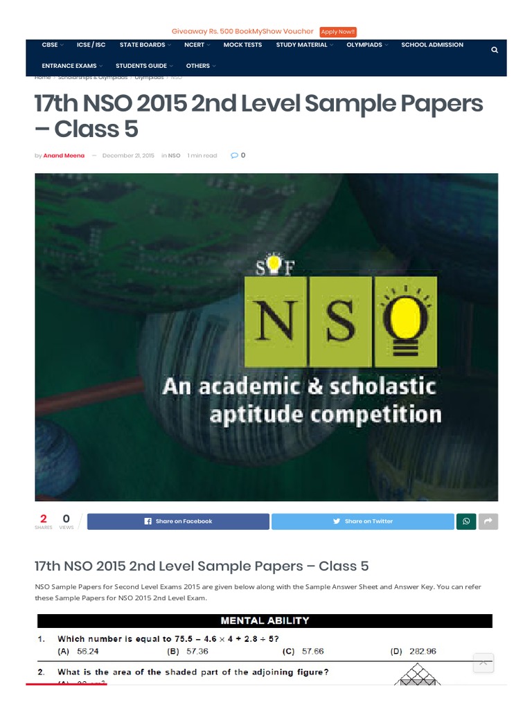 17th NSO 2015 2nd Level Sample Papers - Class 5 | PDF | Students ...