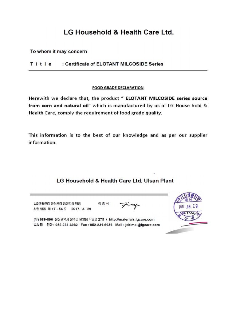 Statement FOOD GRADE Milcoside | PDF