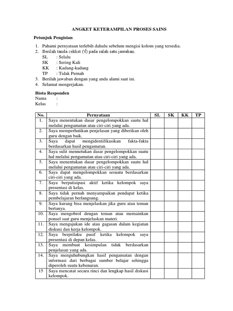 Angket Keterampilan Proses Sains | PDF