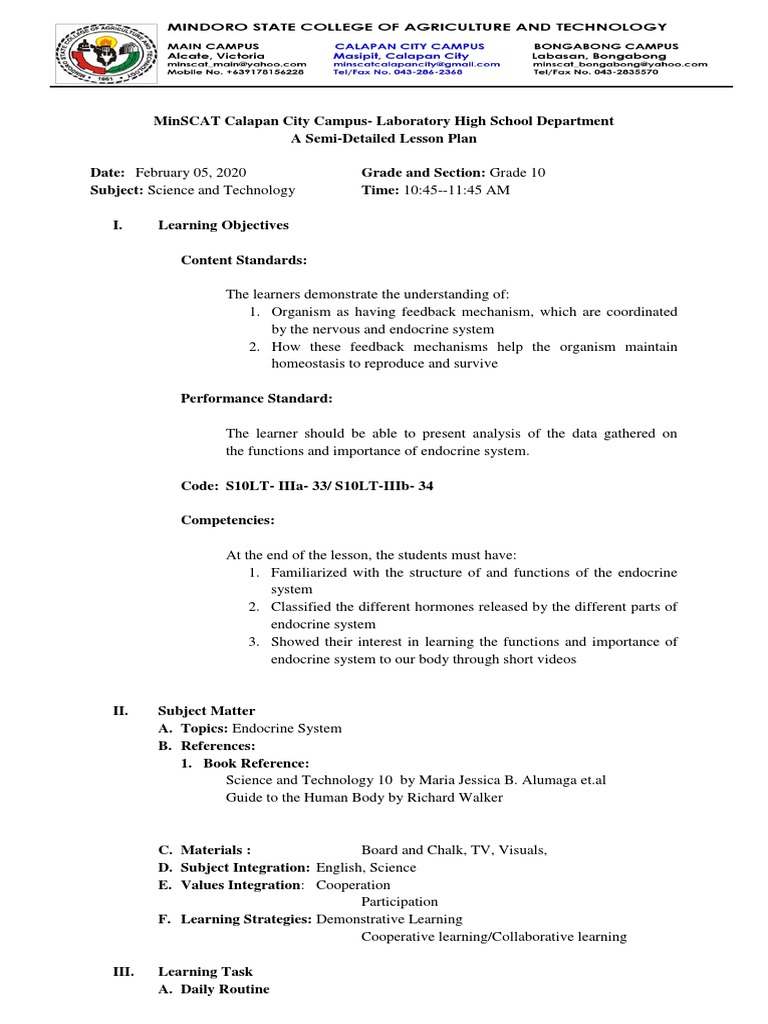 Grade 10 Endocrine System Lesson Plan | PDF | Adrenal Gland | Hormone