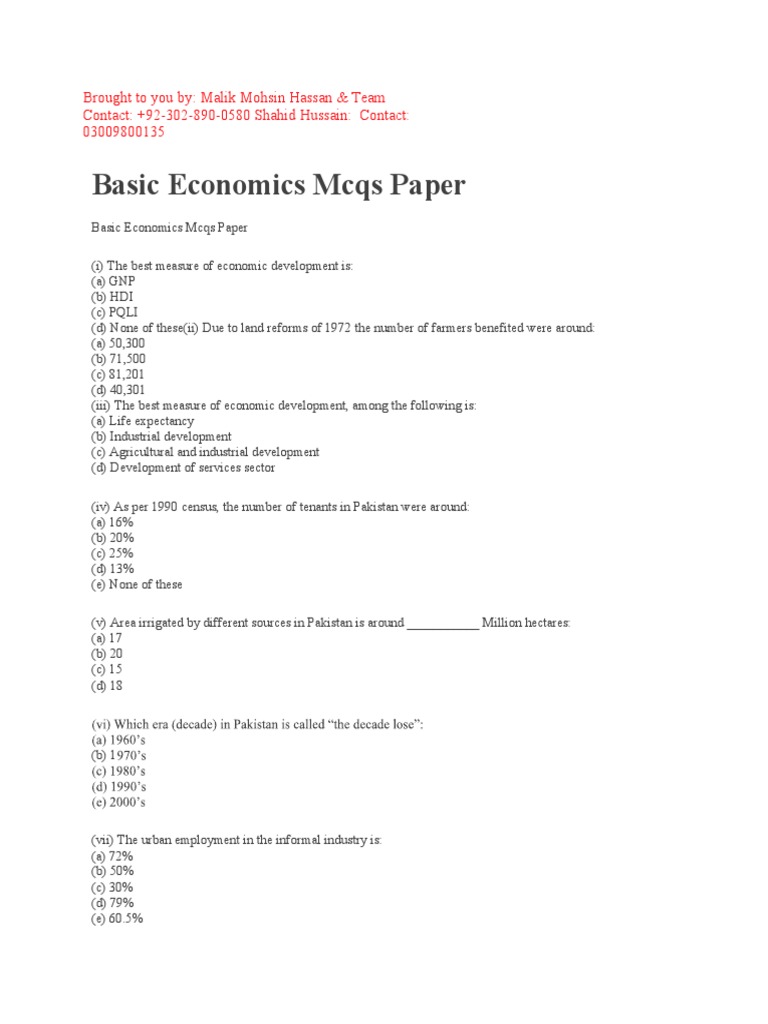 Economics MCQs with Answers PDF Download | PDF | Inflation | Unemployment