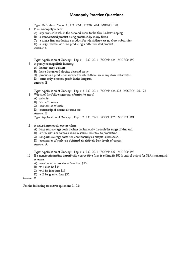 Practice Questions - Monopoly - Answers | PDF | Monopoly | Microeconomics
