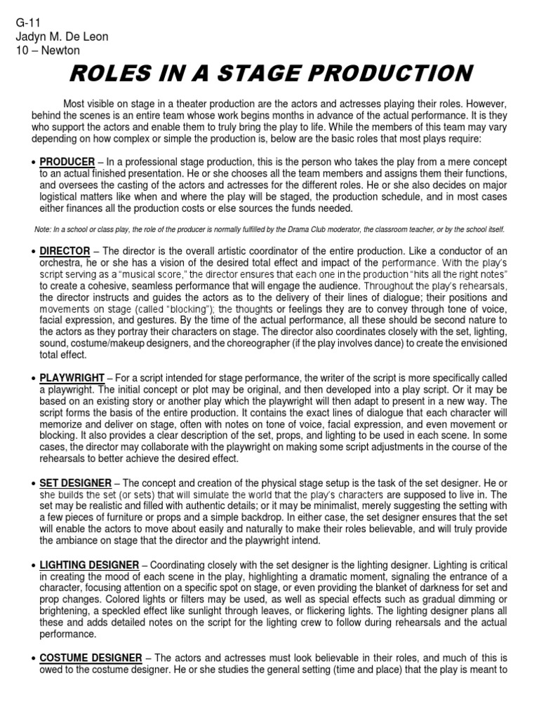 Roles in A Stage Production | PDF | Actor | Play (Theatre)
