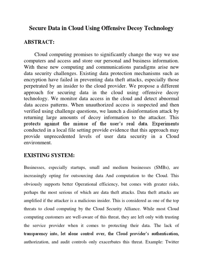 Secure Data in Cloud Using Offensive Decoy Technology | PDF | Cloud Computing | Encryption