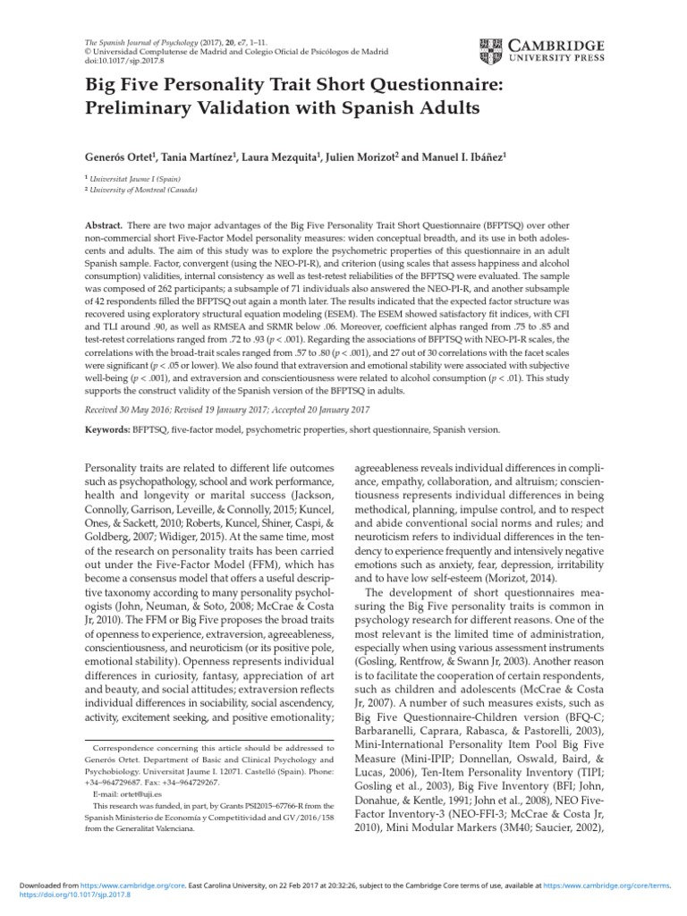 Big Five Personality Trait Short Questionnaire Preliminary Validation ...