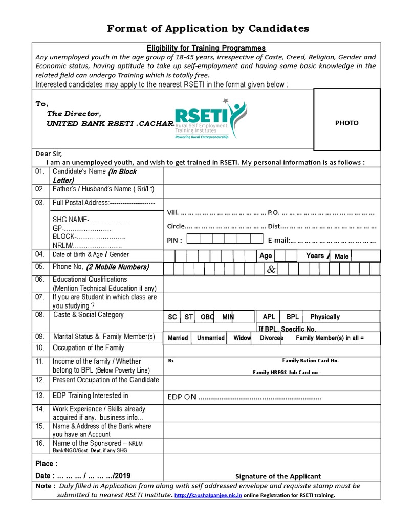 Application For RSETI Traiing | PDF | Economies | Business