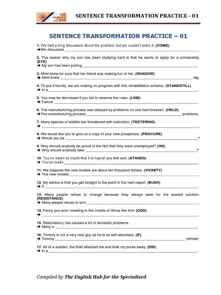 20 Sentence Transformations: A Practice Exercise in Rewording Sentences Through Various ...