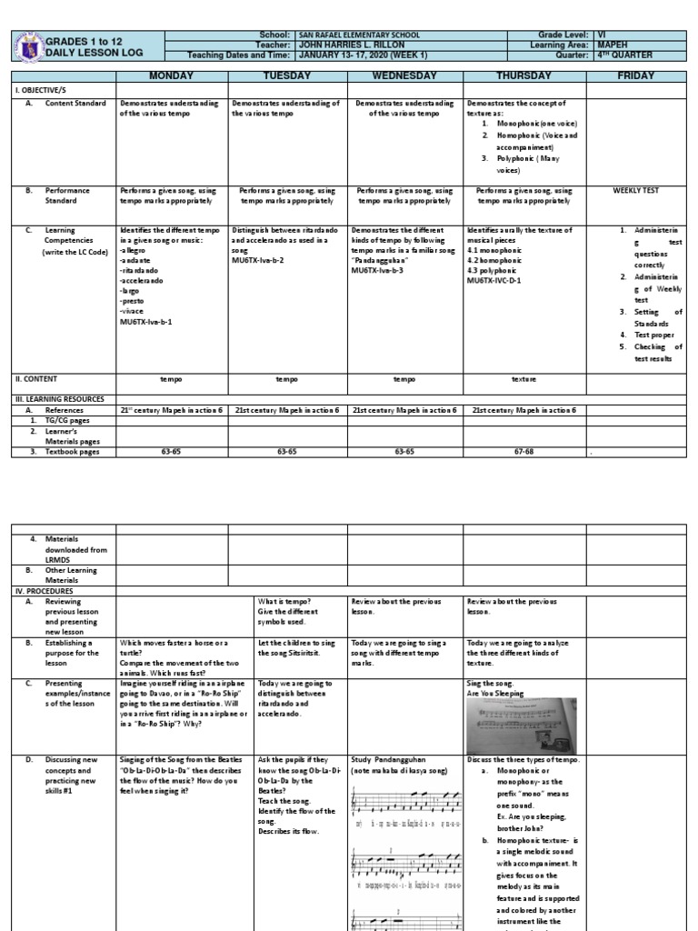 Mapeh 6 - Q4 - W1 DLL | PDF | Tempo | Elements Of Music