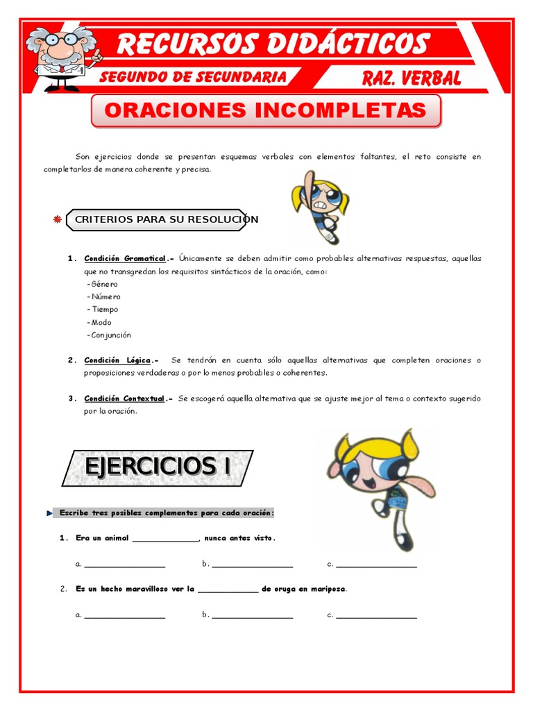 Resolución de Oraciones Incompletas para Segundo de Secundaria | PDF ...