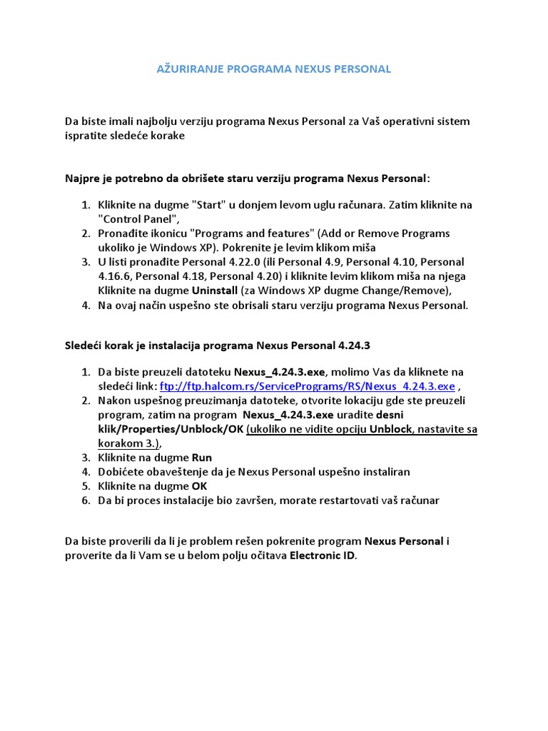 Ažuriranje Programa Nexus Personal | PDF