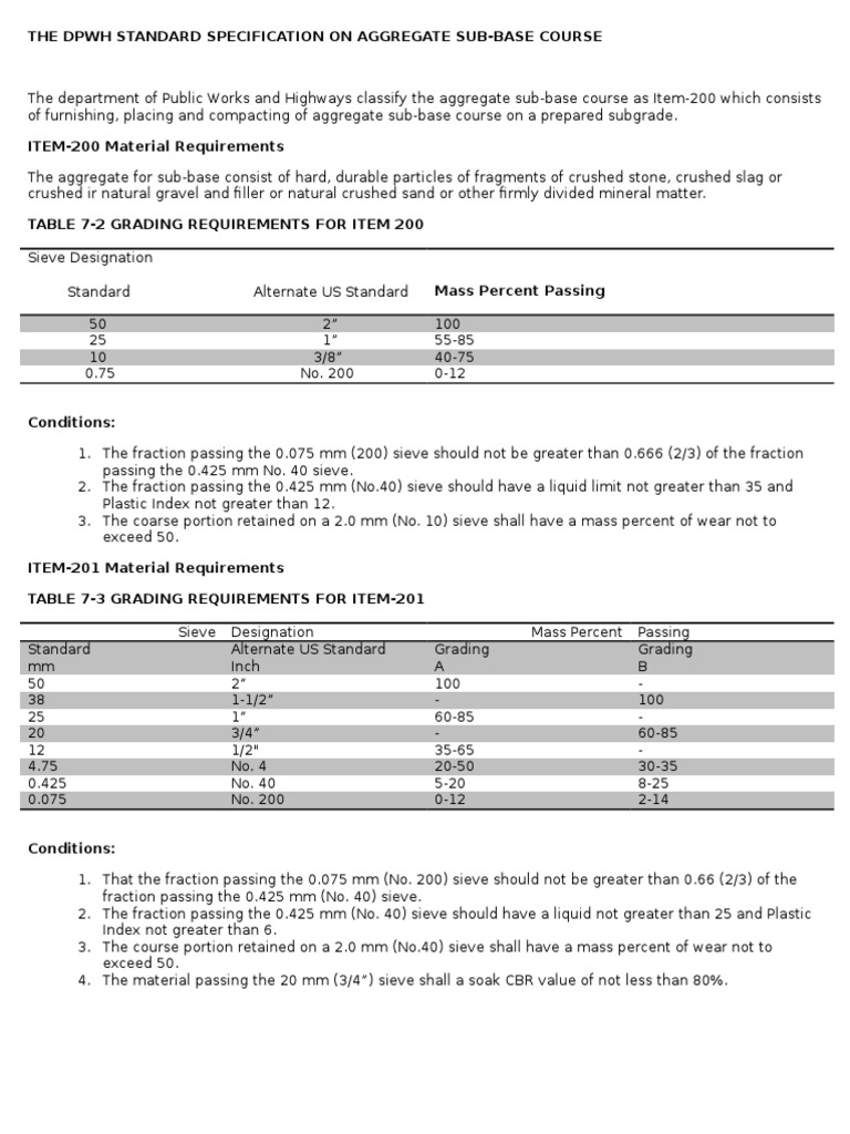 DPWH Standard Specification On Aggregate Sub Base Course | PDF | Soil ...