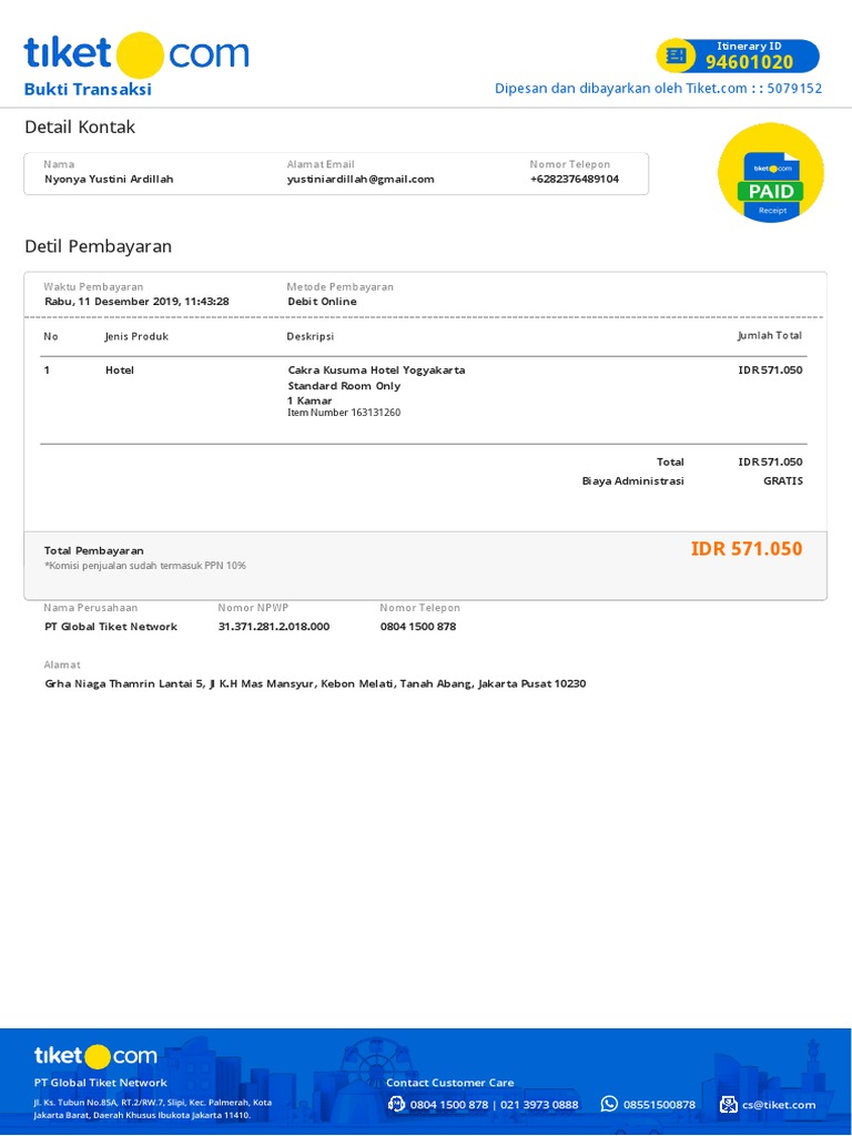 Bukti Pembayaran Hotel Tiket.com | PDF
