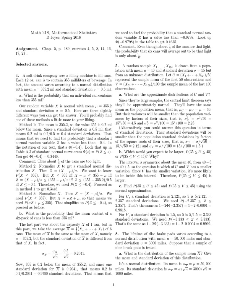 Analysis of a Mathematical Statistics Assignment Containing Solutions to Selected Exercises on ...