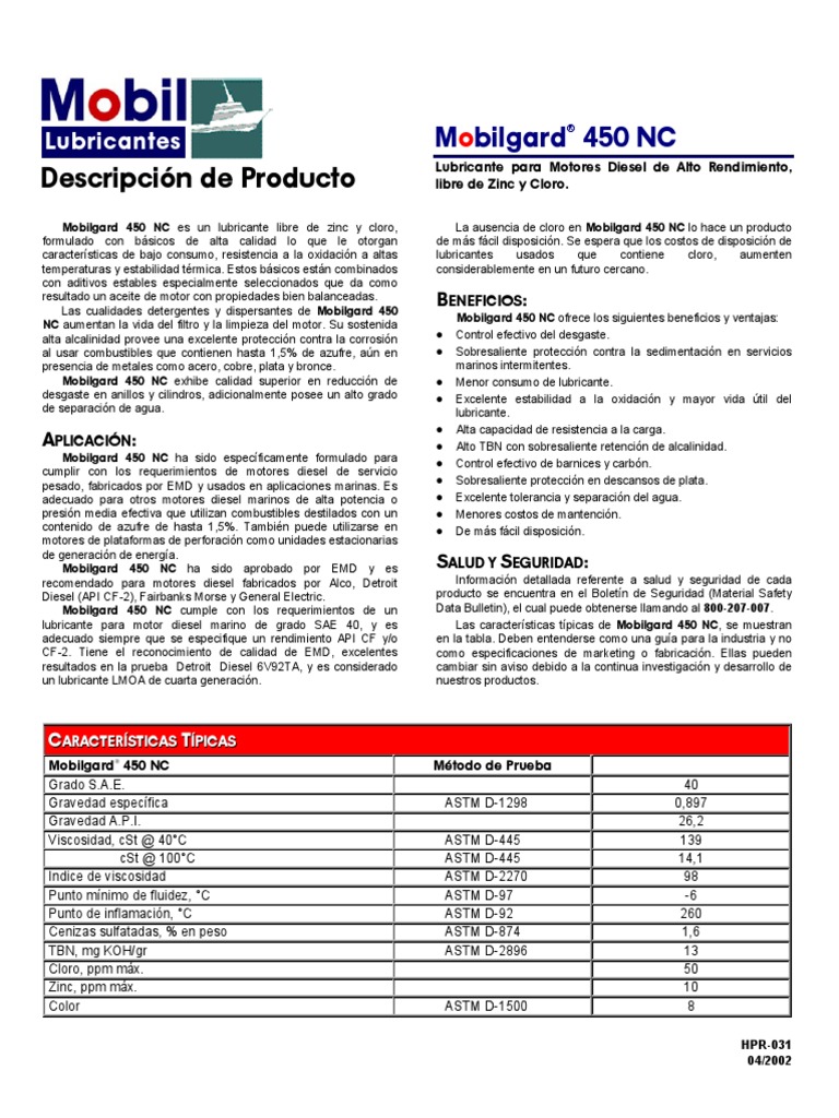 Mobilgard 450 NC | Descargar gratis PDF | Lubricante | Motor diesel