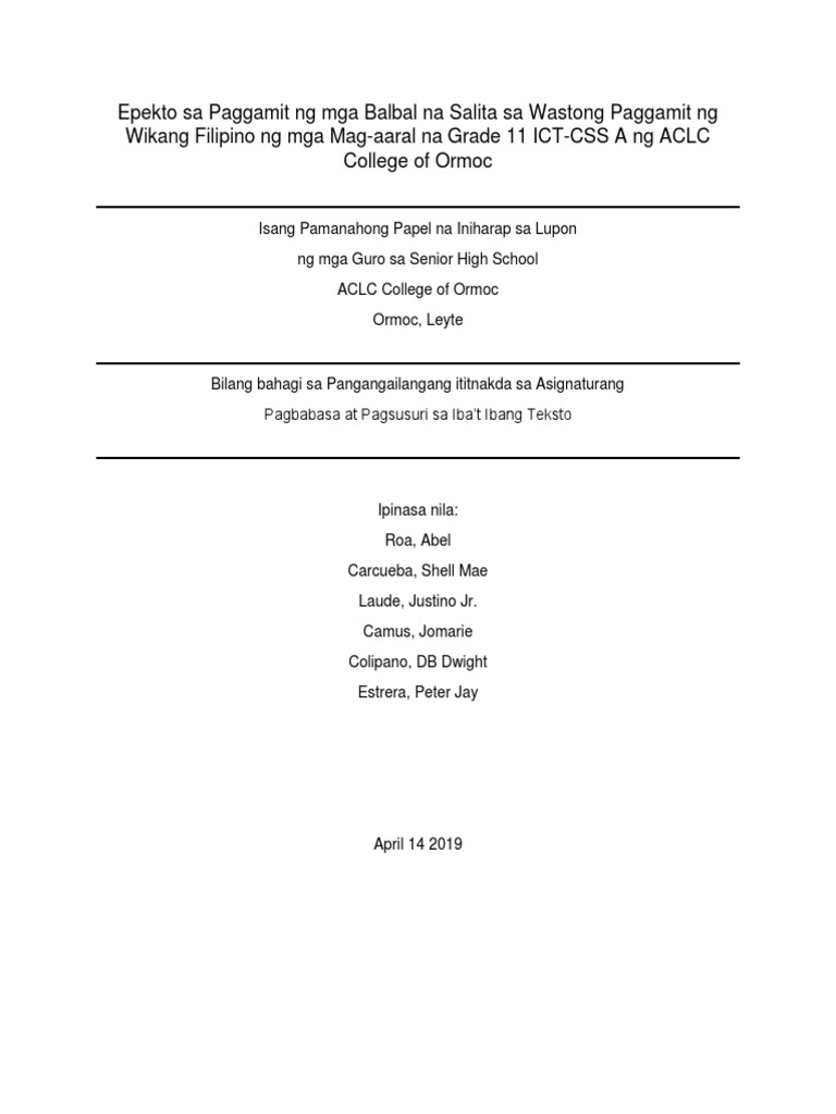 Epekto Sa Paggamit NG Mga Balbal Na Salita Sa Wastong Paggamit NG ...