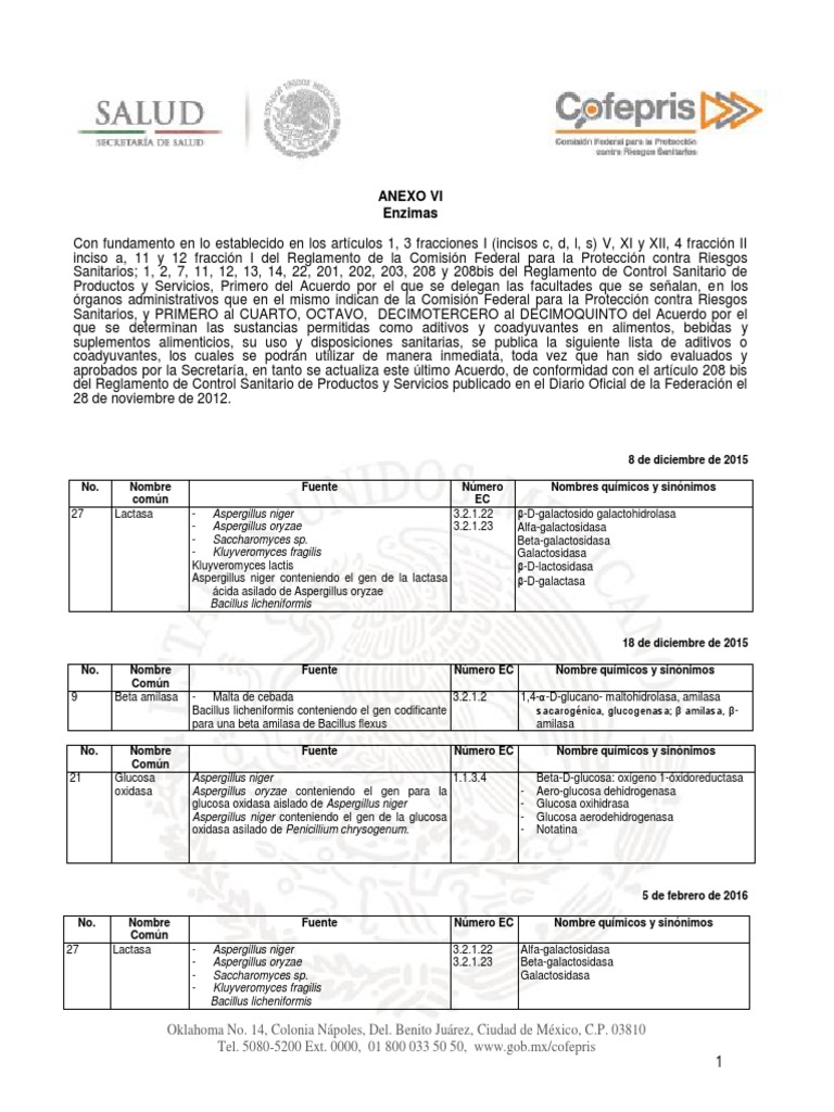 Acuerdo de Aditivos Permitidos Anexo 6 Enzimas | Descargar gratis PDF ...