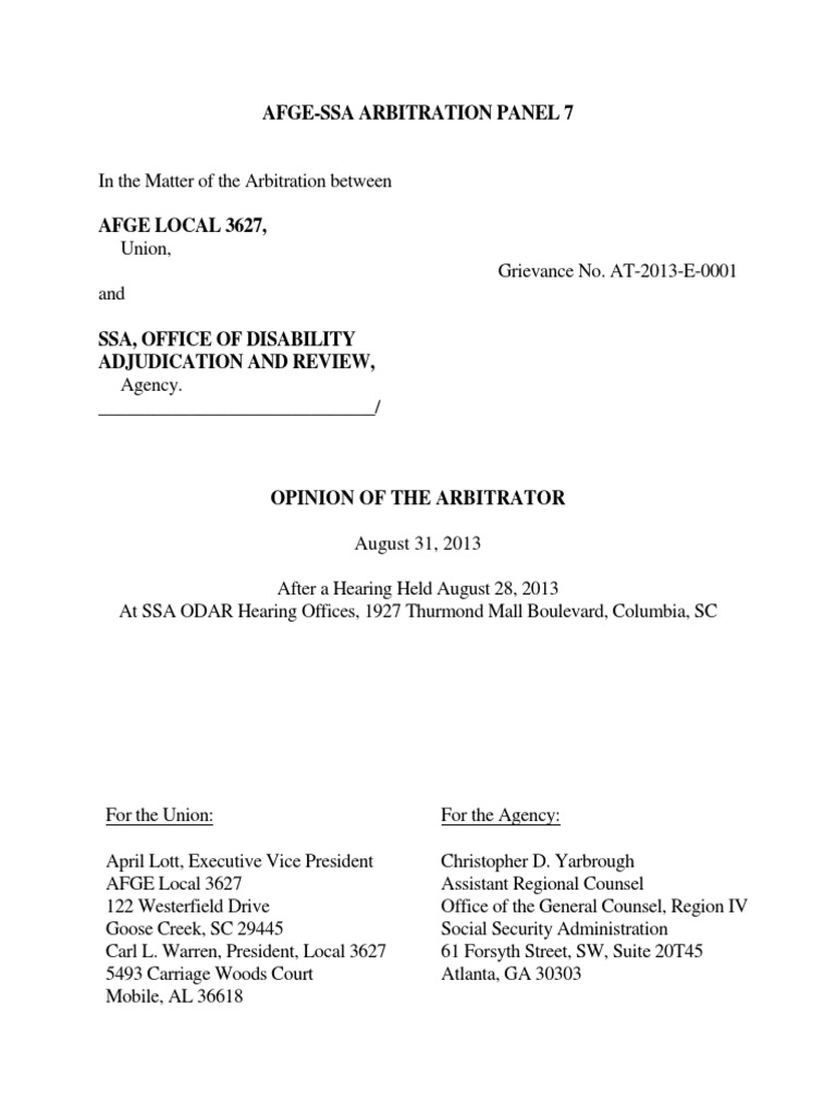 AFGE Local 3627 and SSA, Columbia, SC 8-31-13 | PDF | Social Security ...