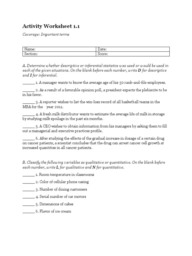 Activity Worksheet 1 | PDF | Statistics