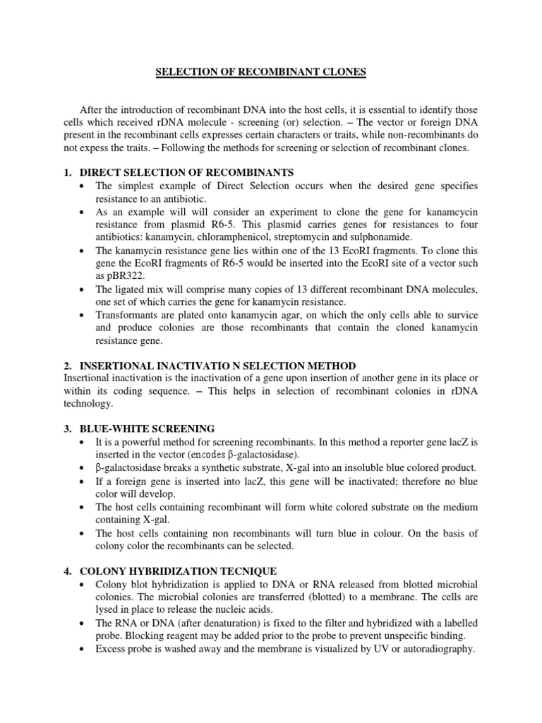 Screening Methods for Recombinant Clones | PDF | Recombinant Dna ...