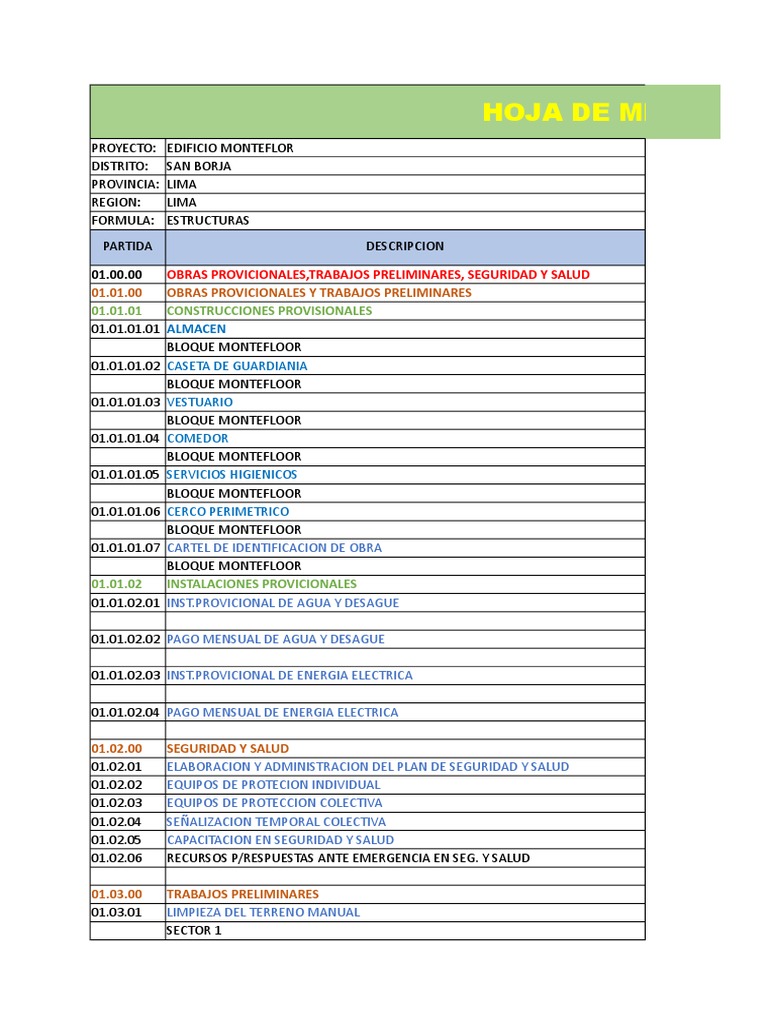 Hoja de mediciones y partidas de obra civil para el proyecto Edificio Monteflor | PDF ...
