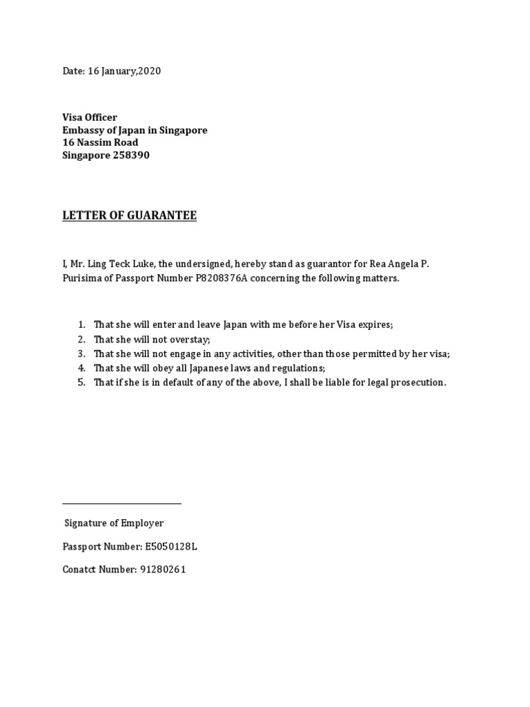 Japan Visa Guarantee Letter Sample | PDF | Travel Visa | Passport