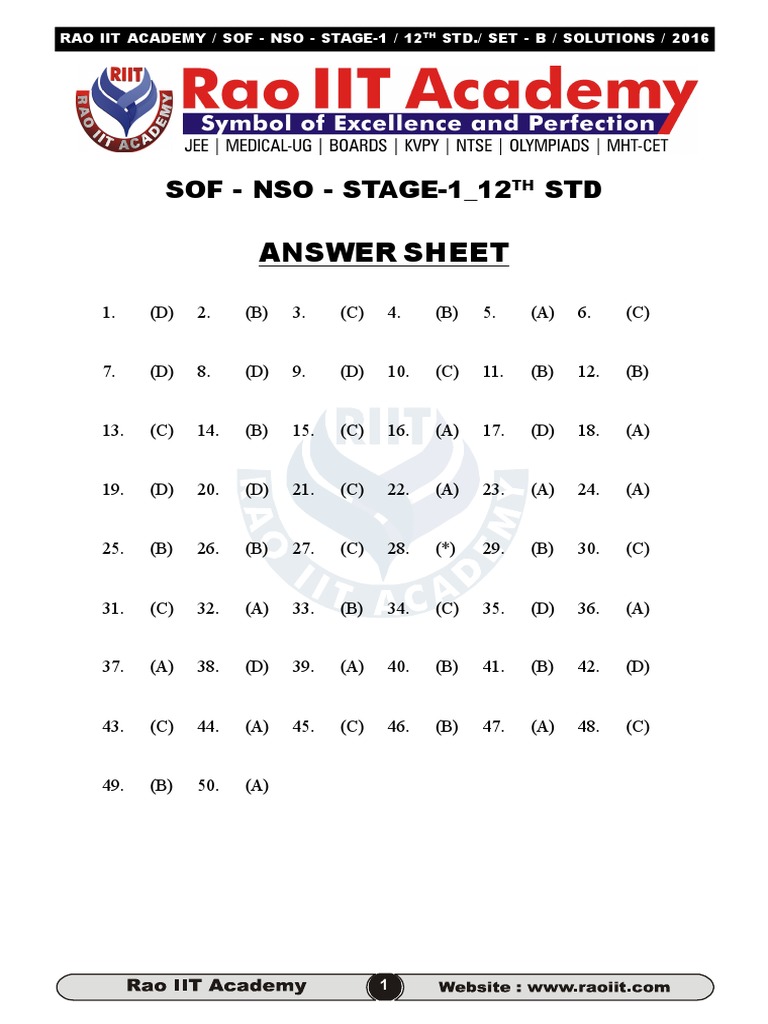 Fianl 12th SOF-NSO-Stage-1 SET-B Solutions 2016 | PDF | Capacitor | Applied And ...