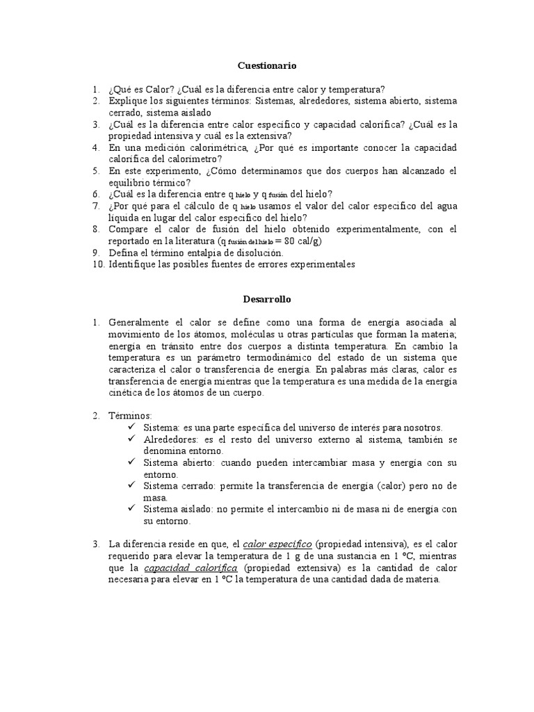 Cuestionario de Calorimetria! | PDF | Calor | Temperatura