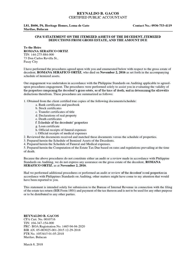 CPA Statement on the Itemized Assets, Deductions, and Estate Tax Due ...