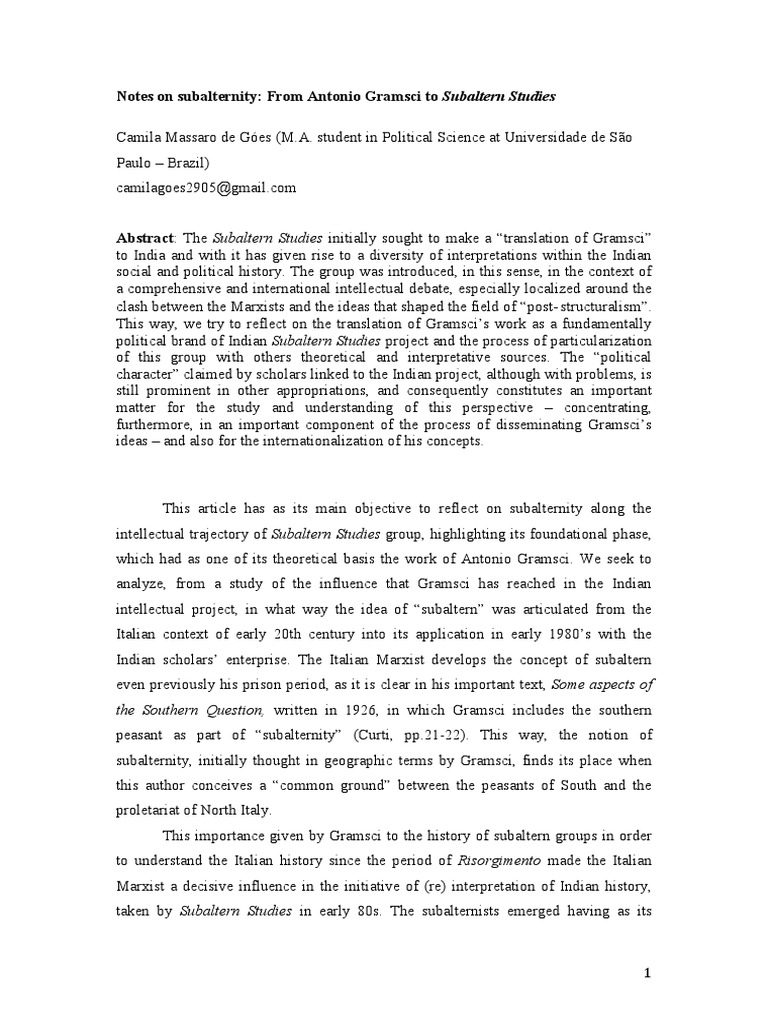 Subaltern and Subalternity | PDF | Antonio Gramsci | Hegemony