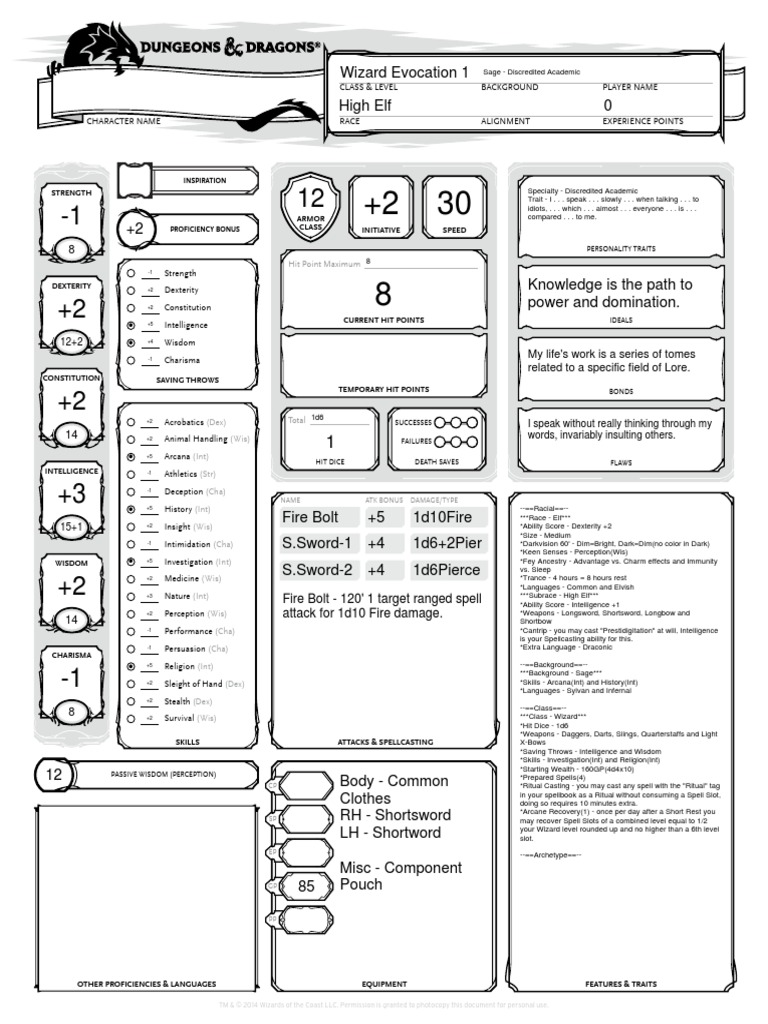 High Elf - Evocation Wizard 1 | PDF | Role Playing Games | Fantasy Games