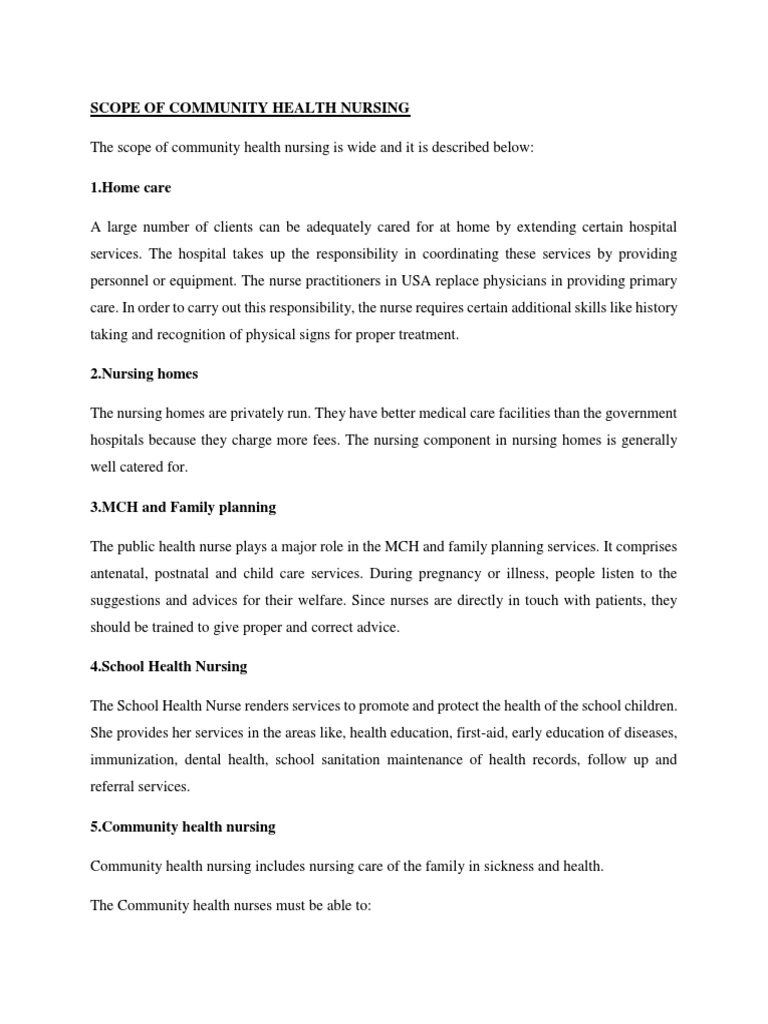 Scope of Community Health Nursing | PDF | Health Care | Nursing