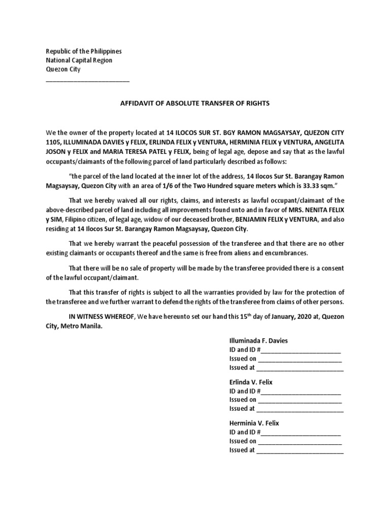 Affidavit of Absolute Transfer of Rights | PDF | Common Law | Philippines