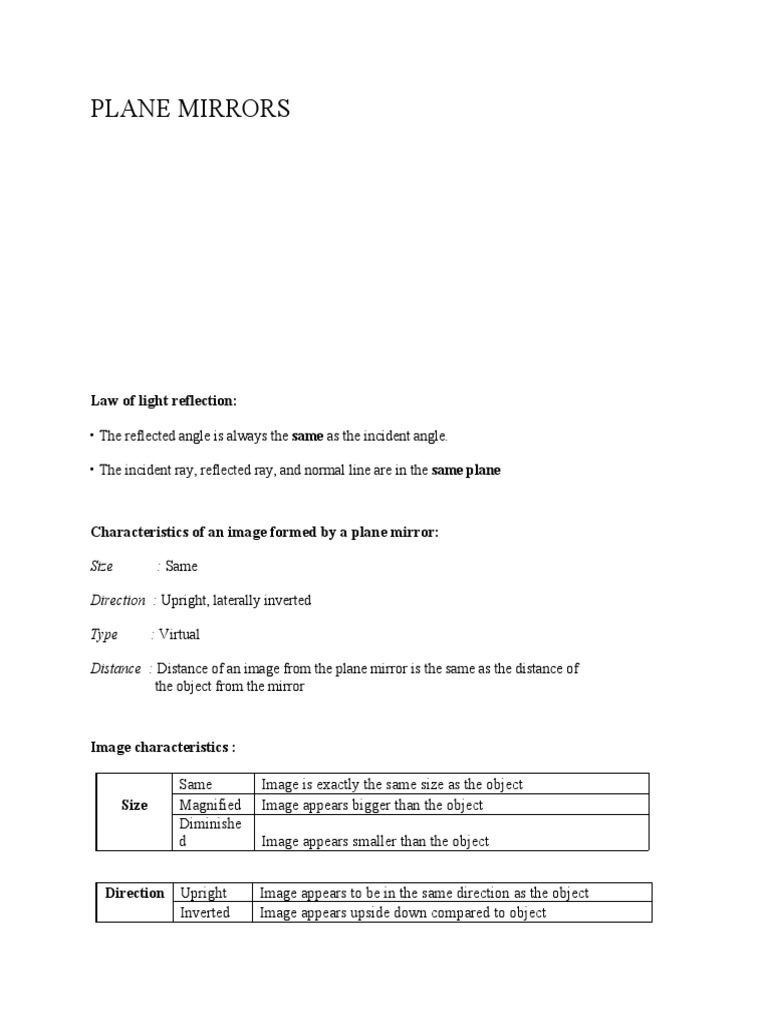 Plane Mirrors: Law of Light Reflection | PDF | Mirror | Optics