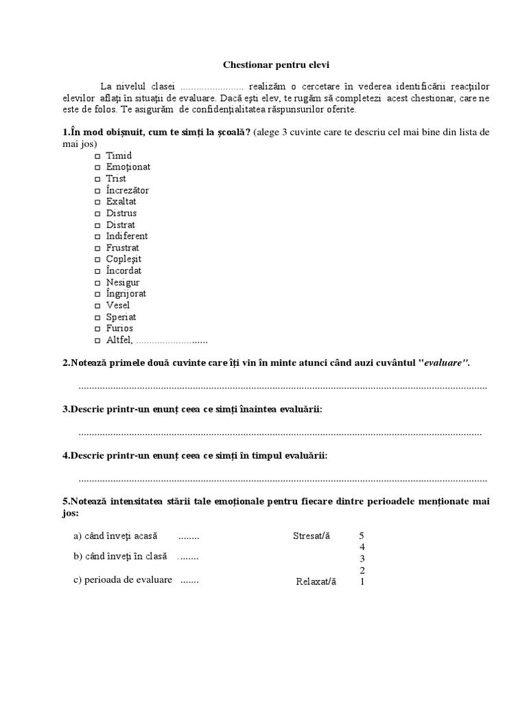 Chestionar Pentru Elevi Privind Impactul Emotional Al Evaluarilor | PDF