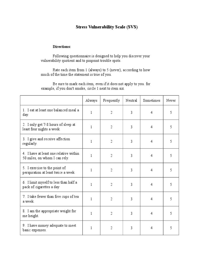 Stress Vulnerability Scale | PDF | Determinants Of Health | Cognitive Science