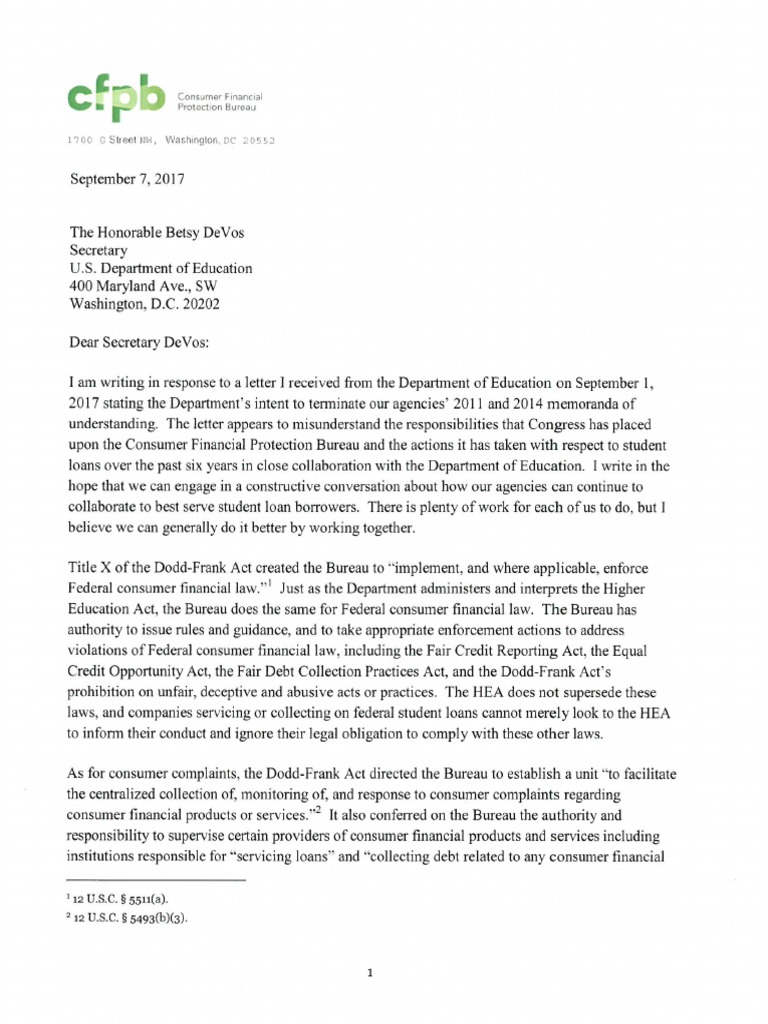 2017 Response Letter From The Consumer Financial Protection Bureau ...