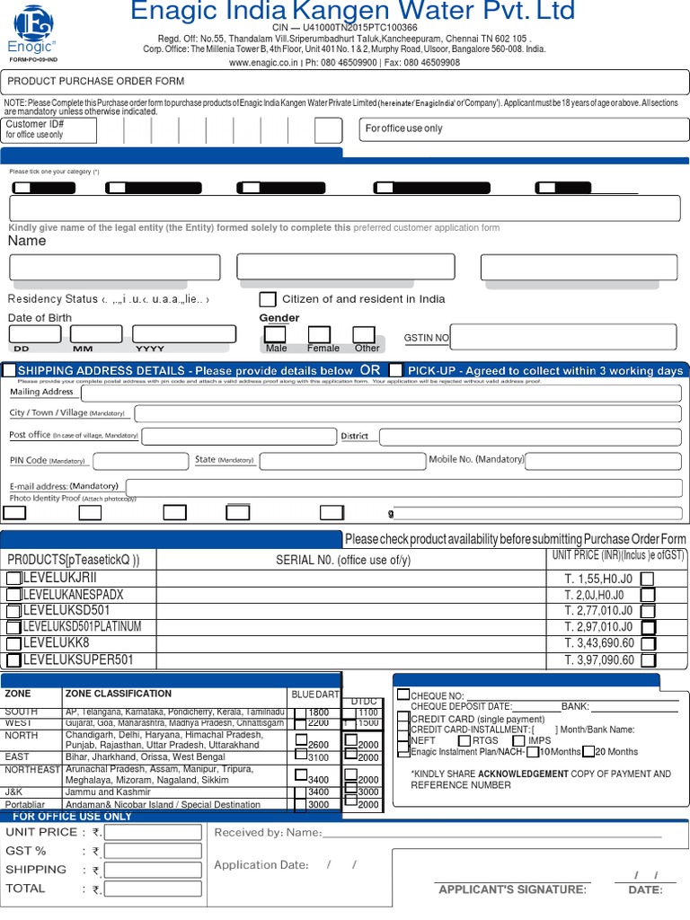 Enagic India Purchase Order Form | PDF | Banking | Payments