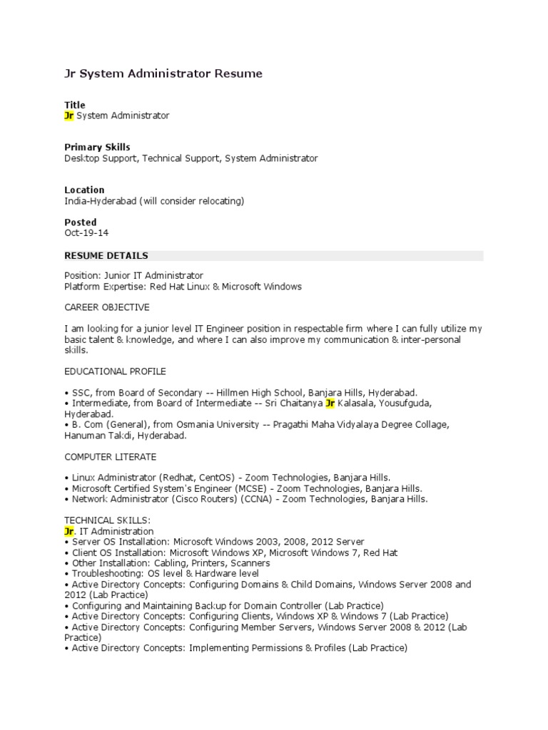 JR System Administrator Resumeee | PDF | System Administrator | Active Directory