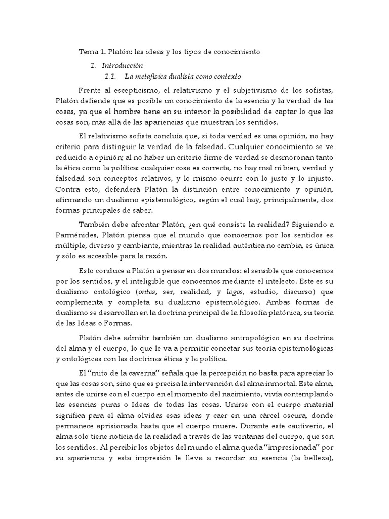 Platón Las Ideas y Los Tipos de Conocimiento. Apuntes Teoria Del ...