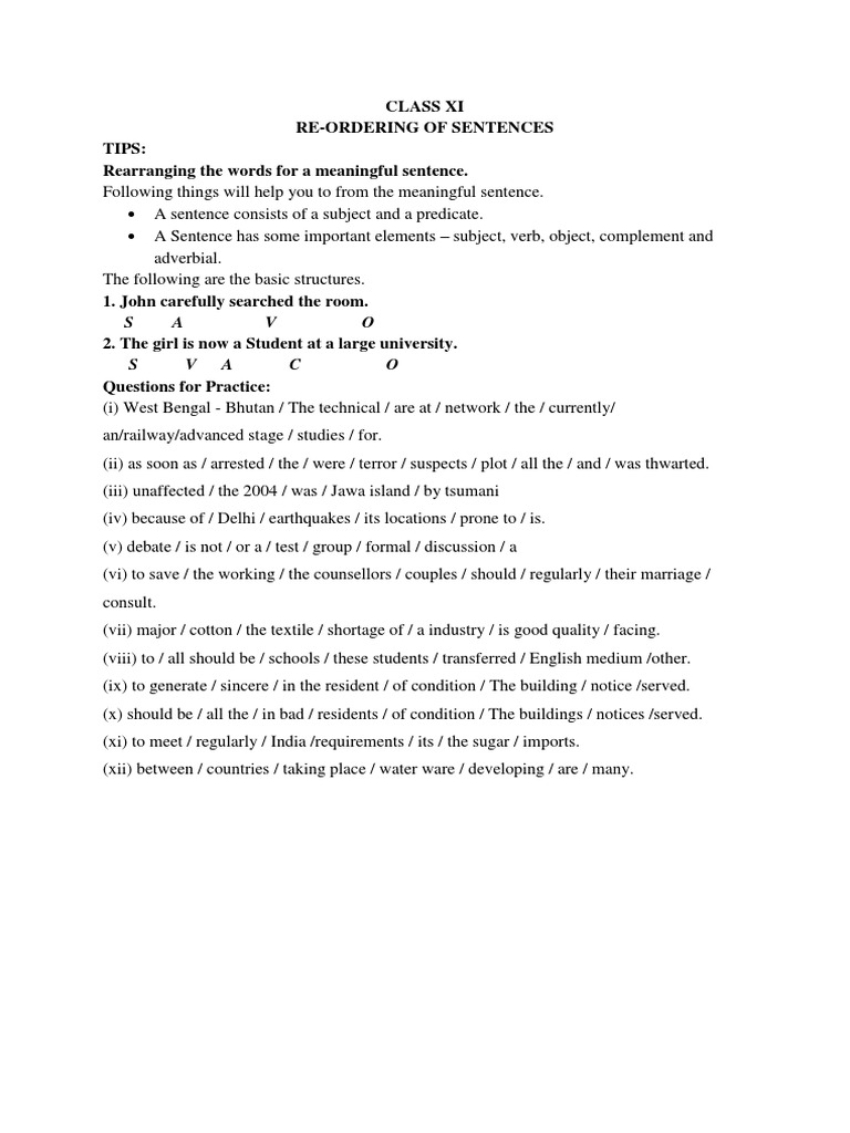 Reordering of Sentences Worksheet | PDF