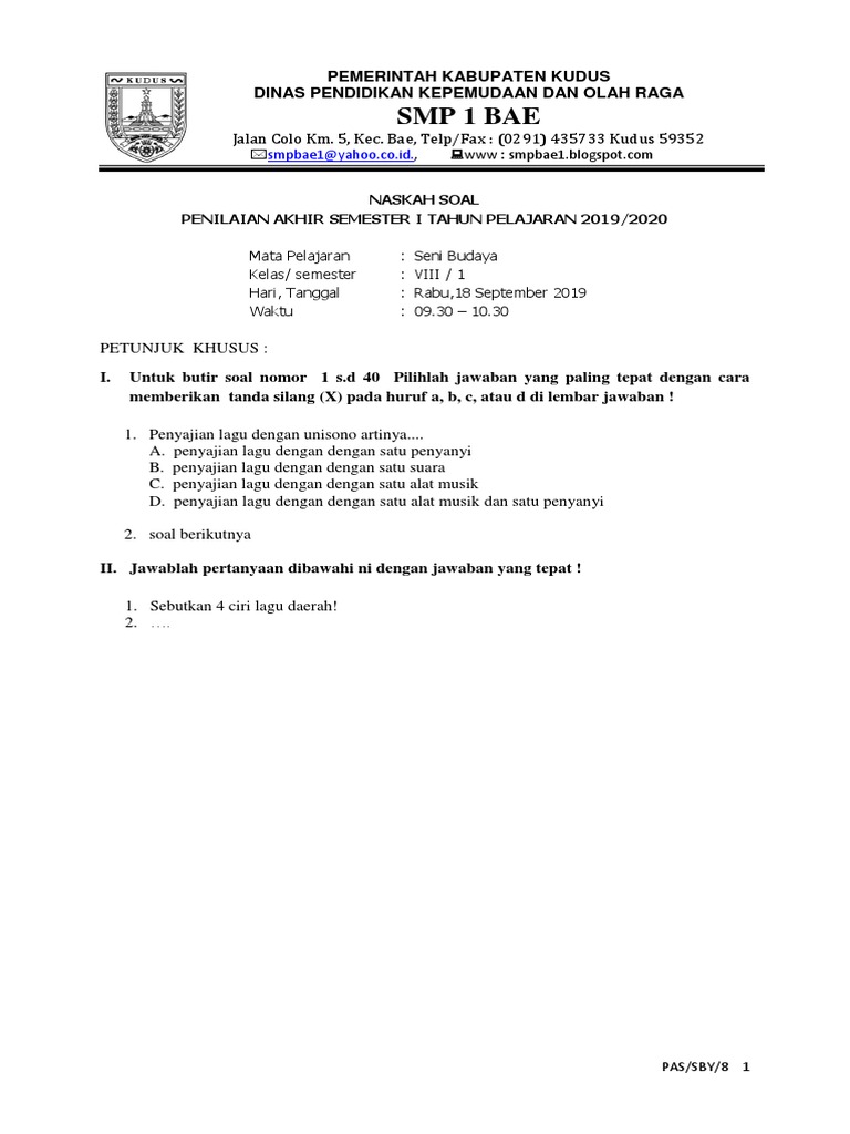 Kop Soal Pas SMP 1 Bae | PDF