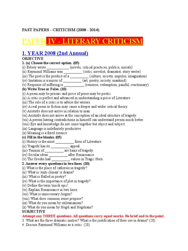 PAST PAPERS Criticism | PDF | Tragedy | Literary Criticism