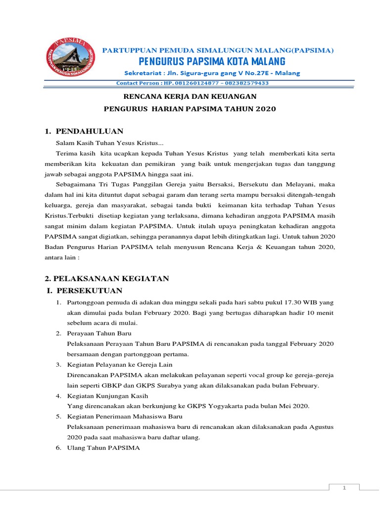 Rencana Kerja PAPSIMA Malang 2020 | PDF