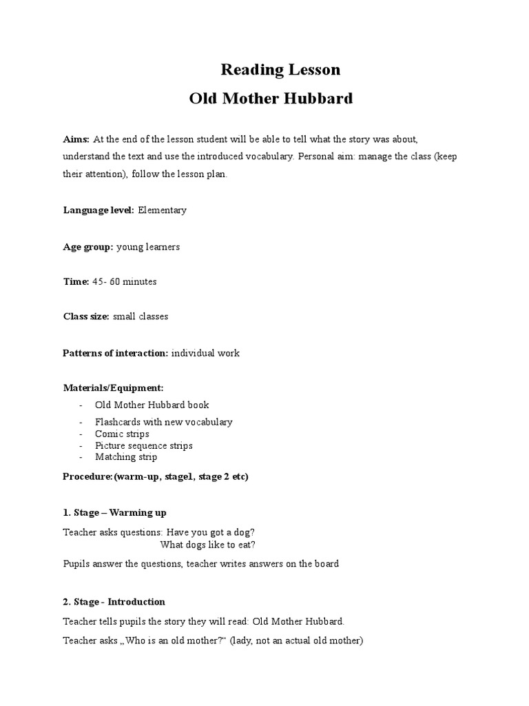 Old Mother Hubbard Reading Lesson | PDF | Vocabulary | Lesson Plan