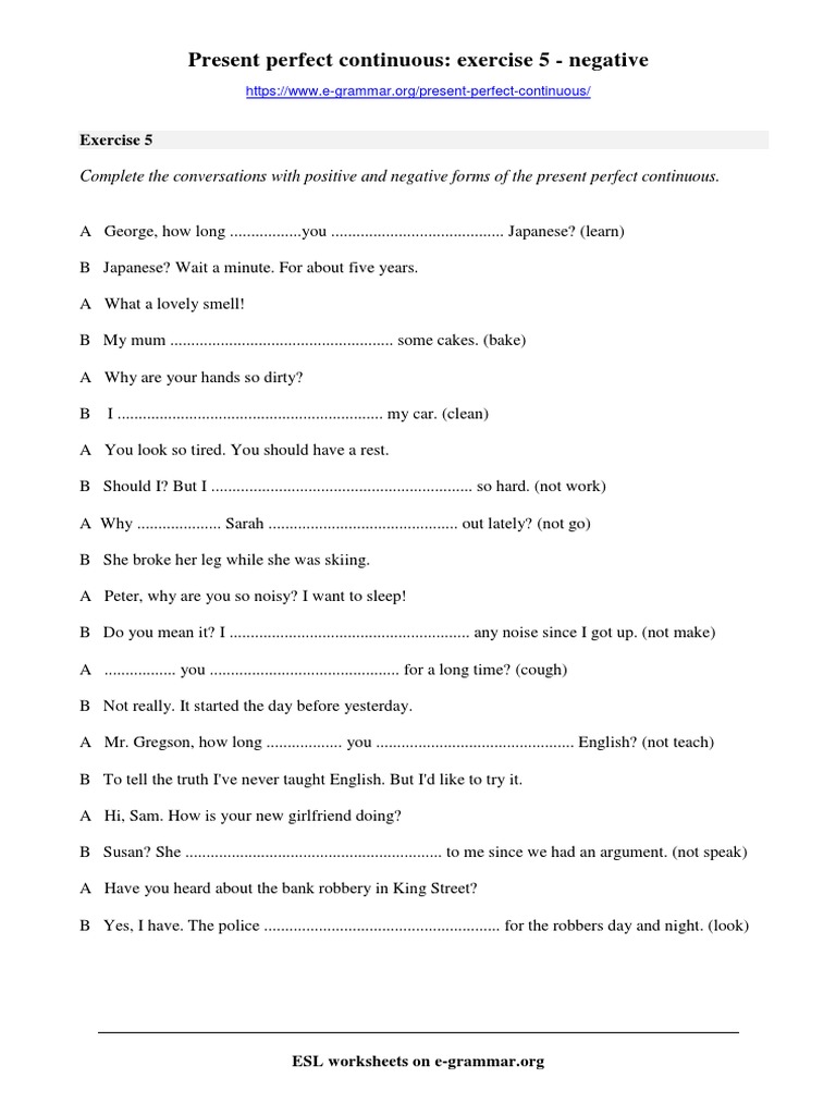 Present Perfect Continuous Exercise 5 | PDF