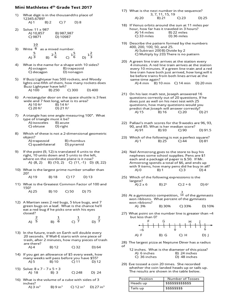 4th Grade Math Test 1 | PDF | Elementary Geometry | Geometry