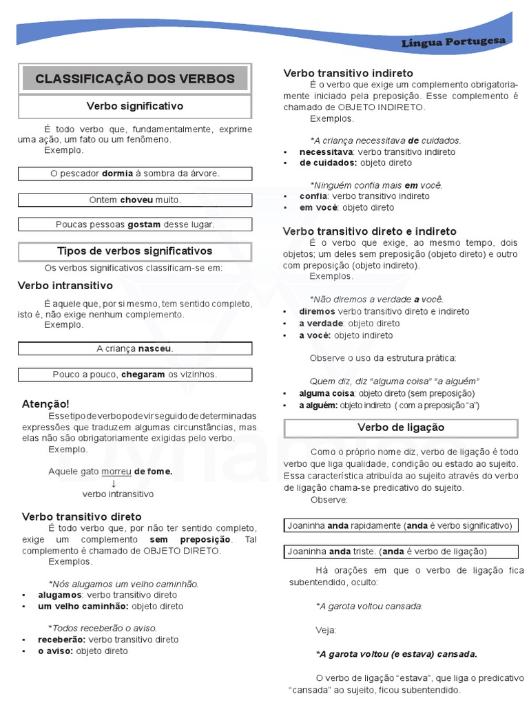 Classificação Dos Verbos Pdf Objeto Gramática Assunto Gramática