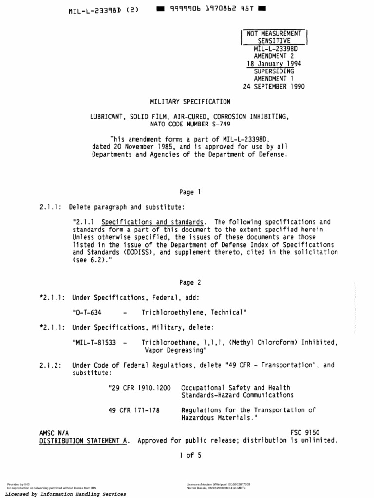 MIL-L-23398D (Lubricant, Solid Film, Air - Cured, Corrosion Inhibiting ...