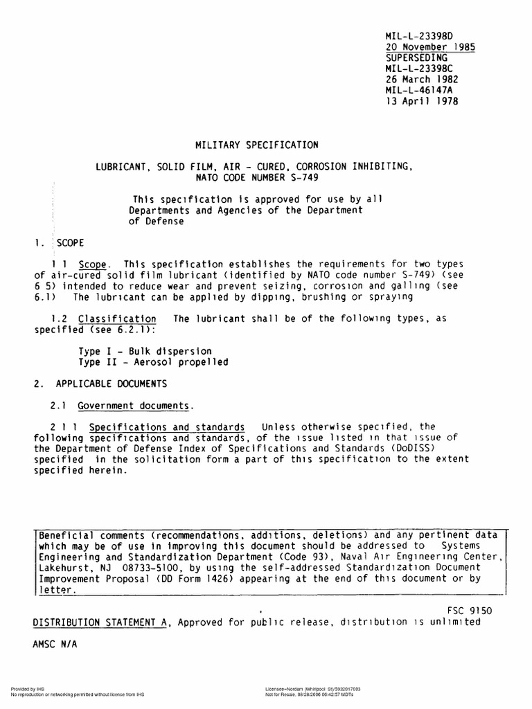 MIL-L-23398D (Lubricant, Solid Film, Air - Cured, Corrosion Inhibiting ...