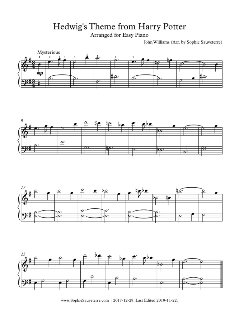 Hedwigs Theme From Harry Potter Arrangement For Easy Piano Full Score | PDF